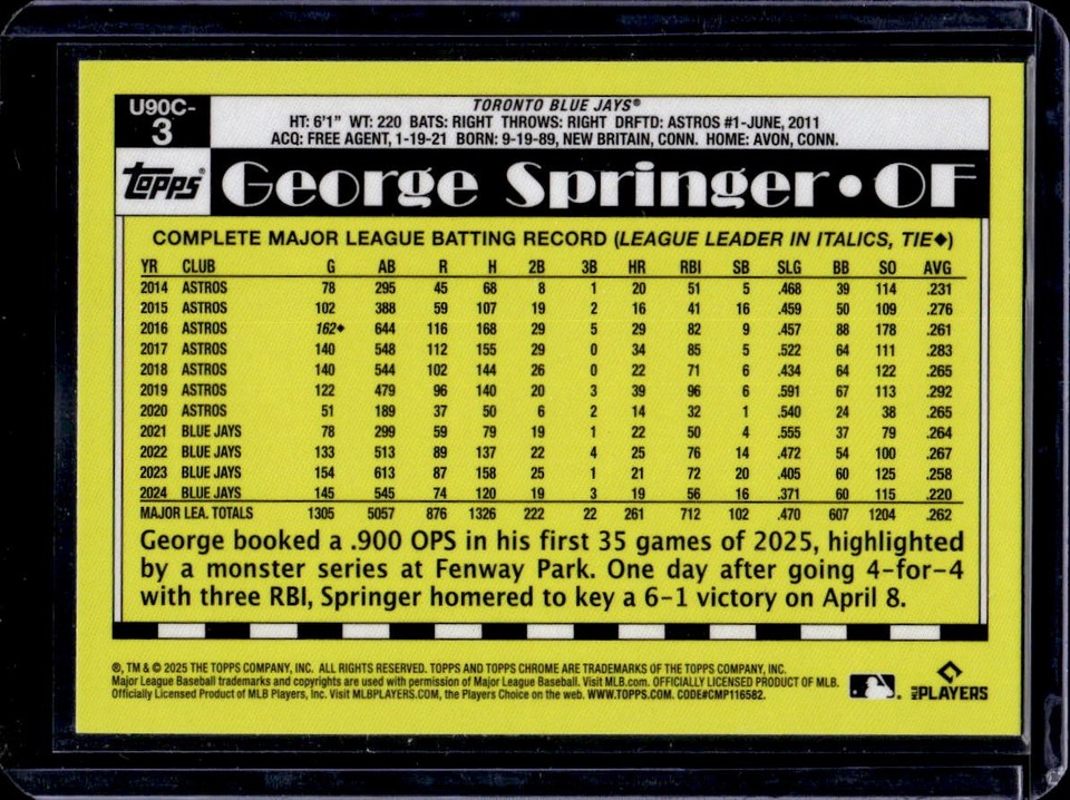 George Springer 2025 Topps Update #U90C-3 1990 Chrome Mojo | eBay UK