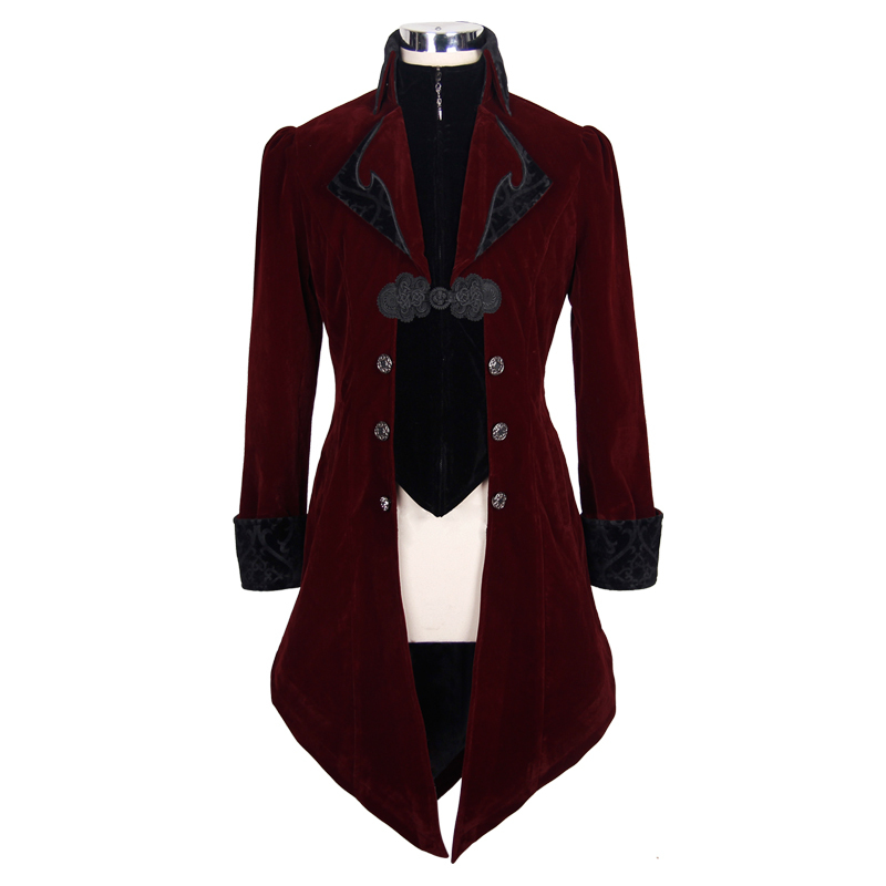 Devil fashion New Mens Jacket Long Coat Red Velvet Gothic Steampunk ...