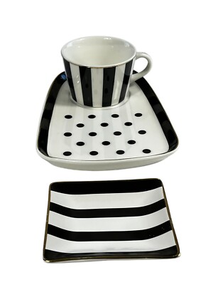 Grace’s Teaware Black & White Stripes Dots 3 Pc. Tea Cup, Saucer, Spoon ...