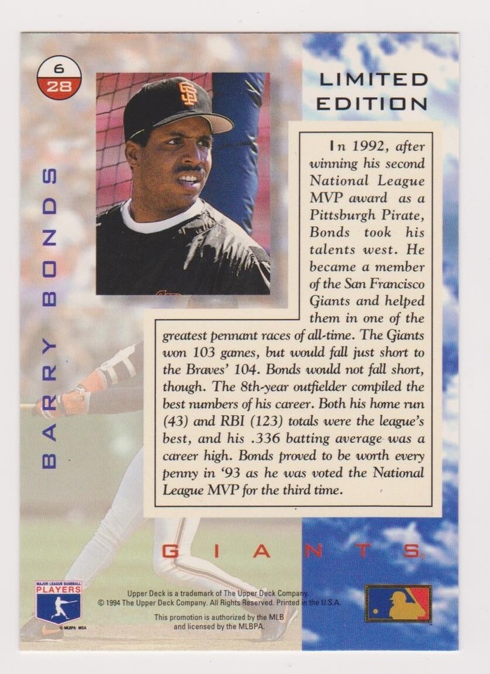 1994 Upper Deck Denny's Barry Bonds Holo card #6 San Francisco Giants ...