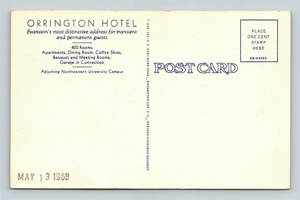 Evanston IL-Illinois, Orrington Hotel Antique Vintage Souvenir Postcard ...