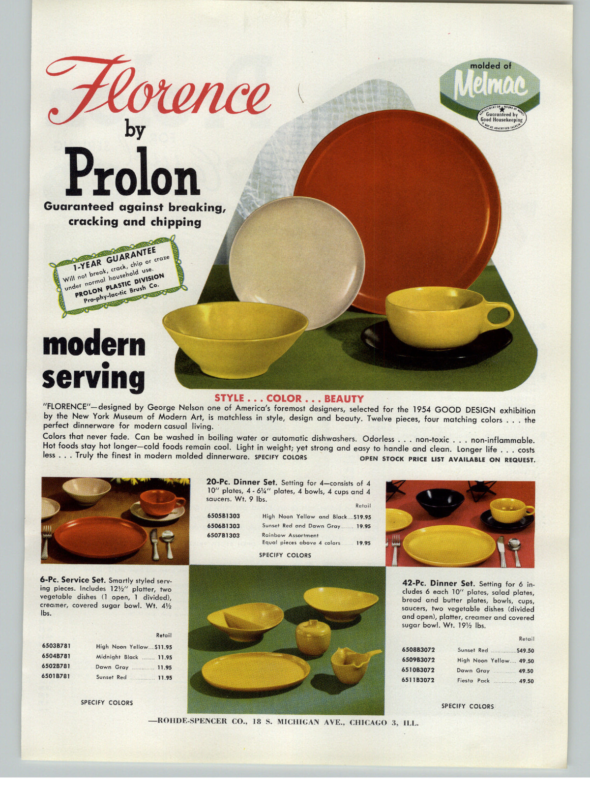 1955 PAPER AD Prolon Florence Melmac Dinnerware Plates Solid Colors | eBay