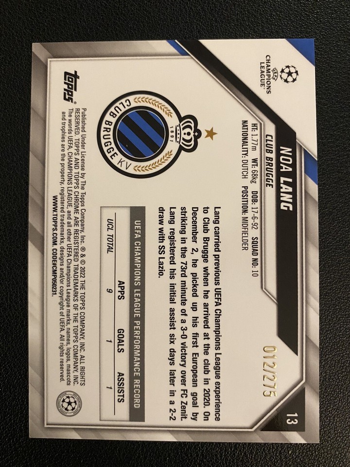 2021-22 Topps Chrome UEFA UCL Noa Lang Silver Mini Diamond Refractor ...