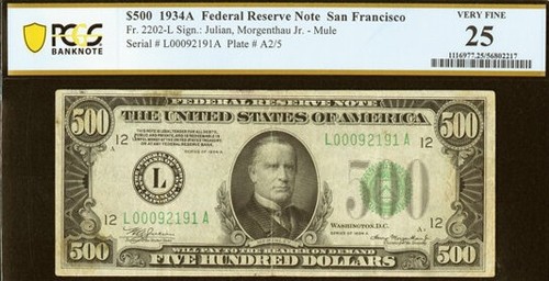 nice looking $500 Series 1934A Federal Reserve Note in PCGS Very Fine ...