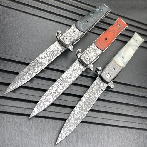 9" Italian Milano Stiletto Damascus Spring Assisted Open Folding Pocket ...