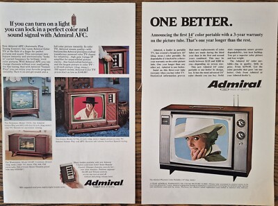 Vintage 1968 Admiral Color TV Print Ad Floor Model and Portable Lot of ...