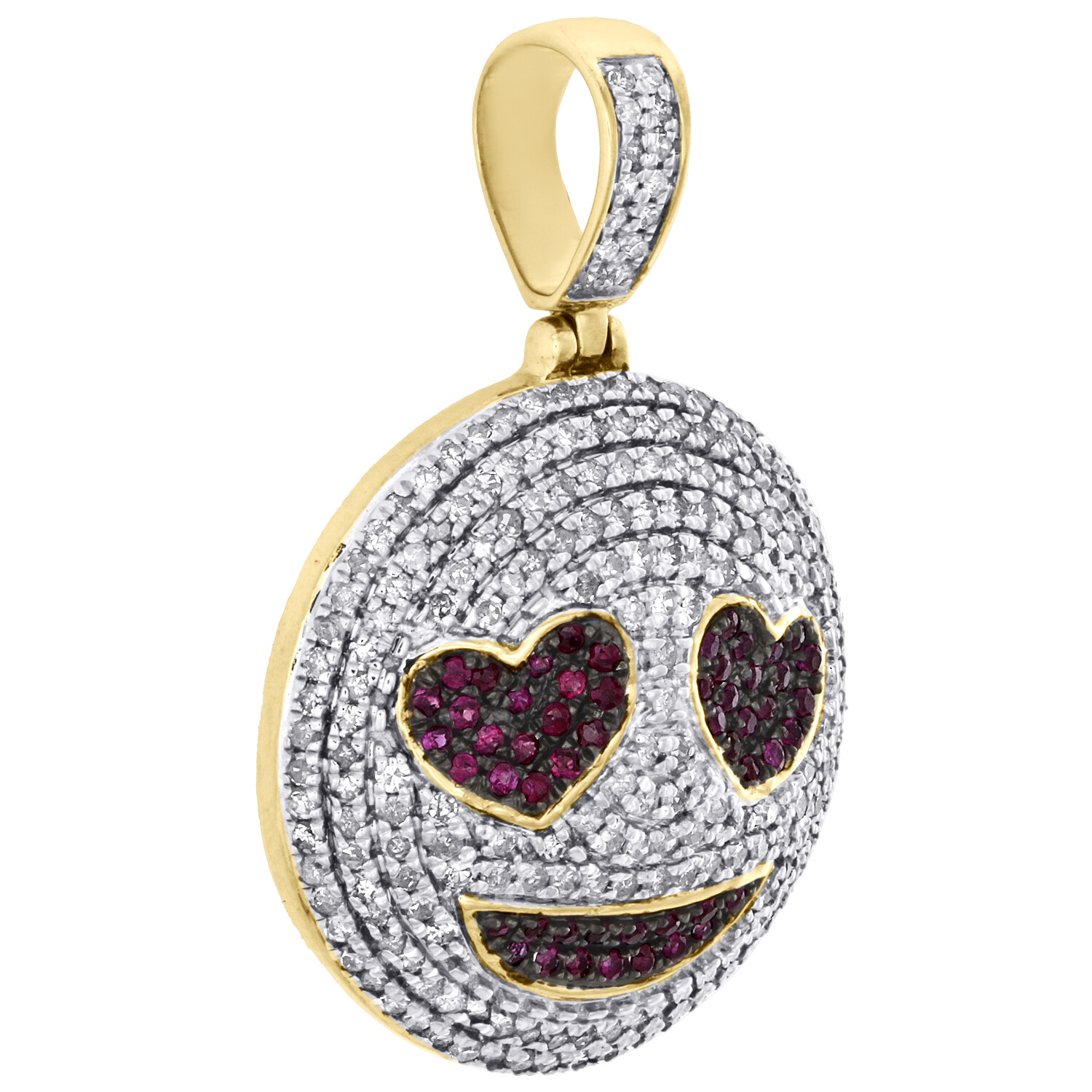 10K Yellow Gold Diamond Smiling Face Heart Eyes Emoji Pendant Pave ...