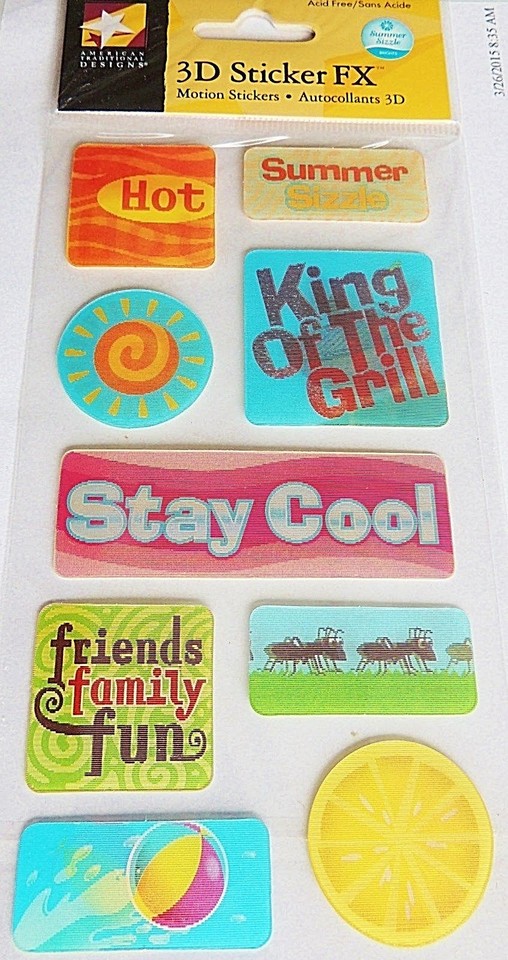 9pc Motion 3D Summer Stickers FX 3-Dimensional Outdoor Cookout Fun Hot ...