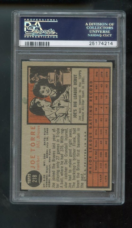 1962 Topps #218 Joe Torre ROOKIE RC PSA 4 (MK) Graded Baseball Card MLB ...