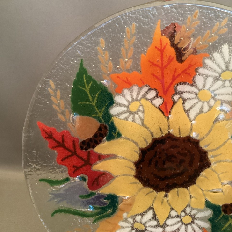 Peggy Karr Glass AUTUMN SUNFLOWER Plate Fall Leaves 8” Signed Acorns ...