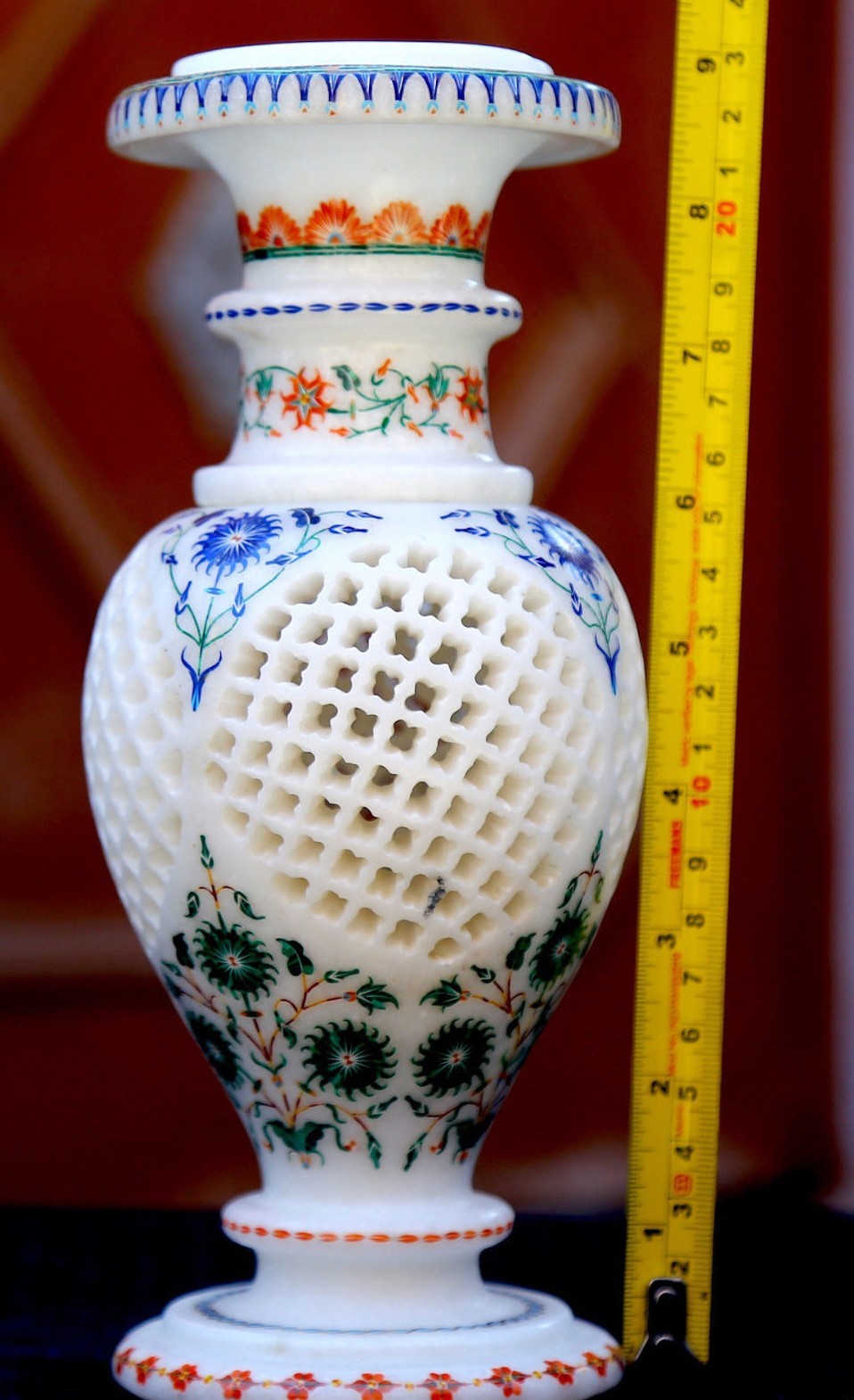 9" White Marble Flower Pot Grill Work Semi Inlaid Marquetry Patio Arts ...