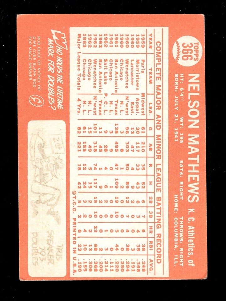 1964 TOPPS #366 NELSON MATHEWS ATHLETICS VG | eBay