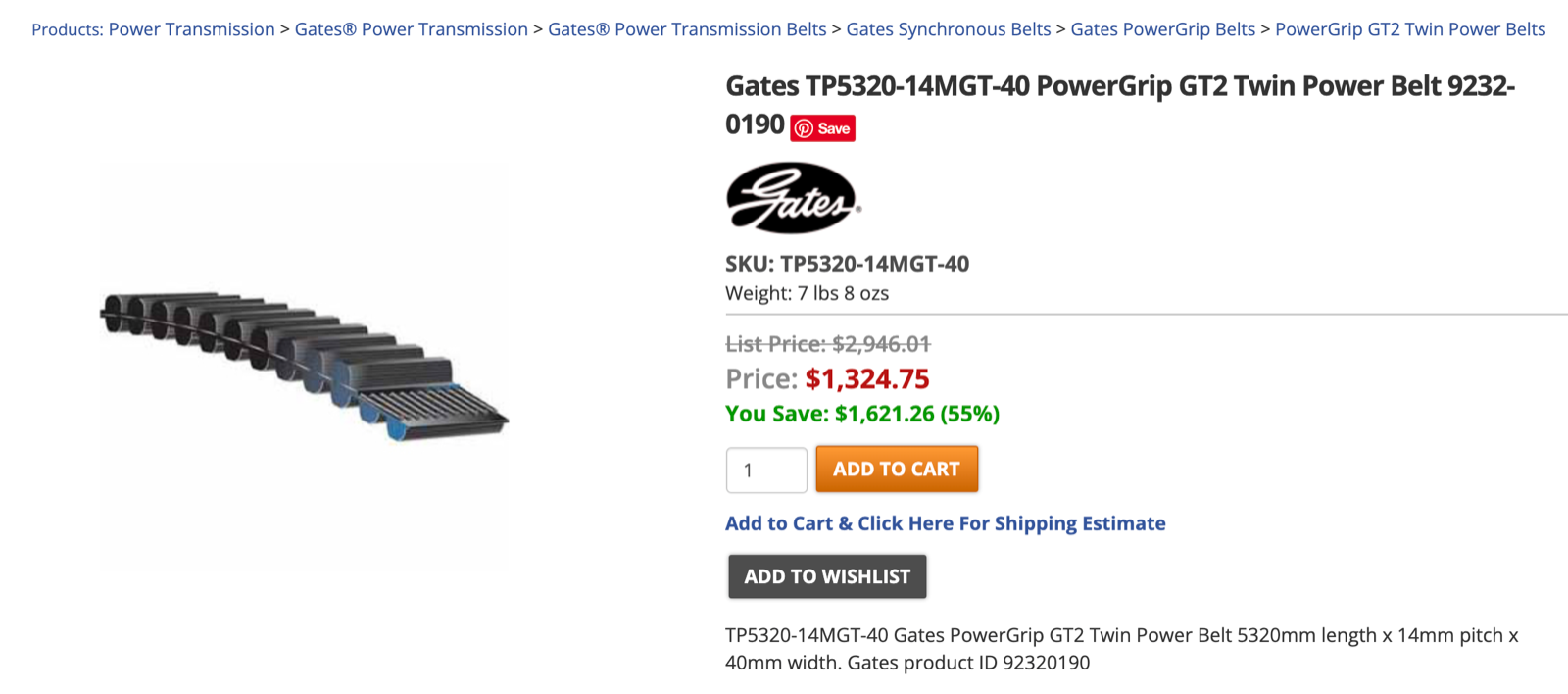 Gates TP5320-14MGT-40 PowerGrip GT2 Twin Power Belt 9232-0190 for sale ...