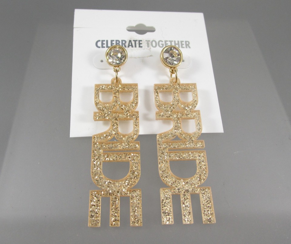 New Bachelor Party Dangling 3" Gold Tone BRIDE Glitter Lucite Earrings ...