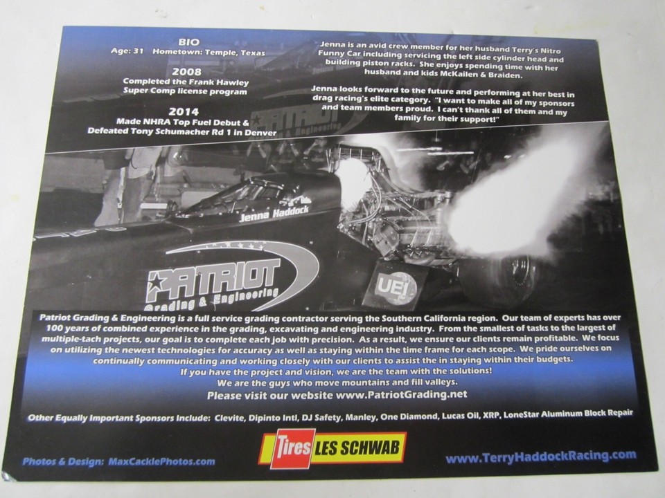 NHRA 2015 Jenna Haddock PATRIOT Top Fuel Drag Racing Handout | eBay