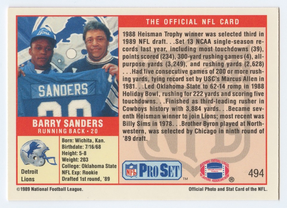 Barry Sanders rookie: 1989 Pro Set #494 | eBay