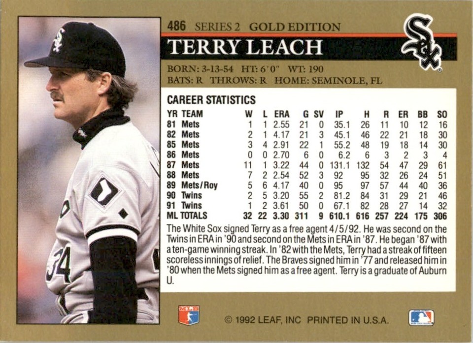 1992 Leaf Black Gold Terry Leach Chicago White Sox #486 Baseball Card ...