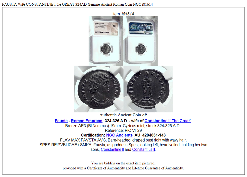 FAUSTA Wife CONSTANTINE I the GREAT 324AD Genuine Ancient Roman Coin ...