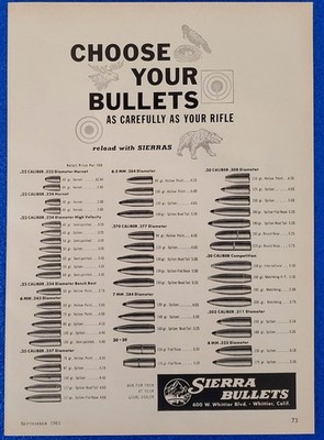 1961 SIERRA BULLETS INC. RELOADING PRODUCT LINE-UP AMMUNITION ORIGINAL ...