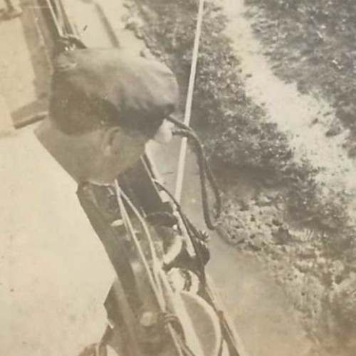 Vintage Snapshot Photo Man Looking Over Edge Industrial Ship View High ...