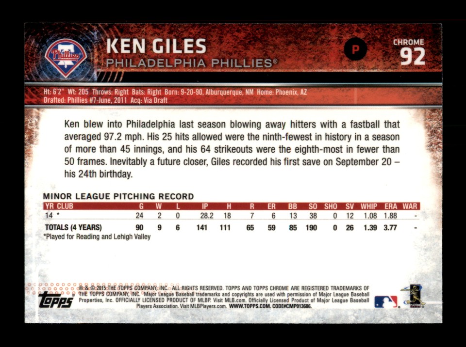 2015 Topps Chrome #92 Ken Giles Philadelphia Phillies | eBay