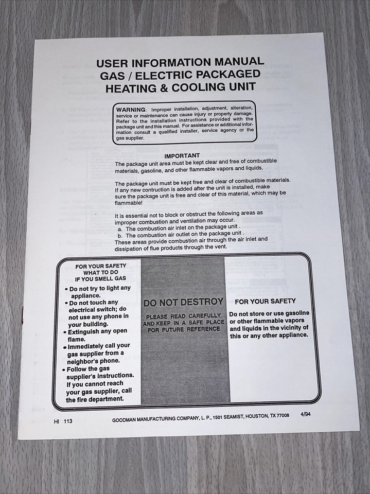Owner’s Manual Goodman Manufacturing PGB Series Heat And Cooling Unit ...