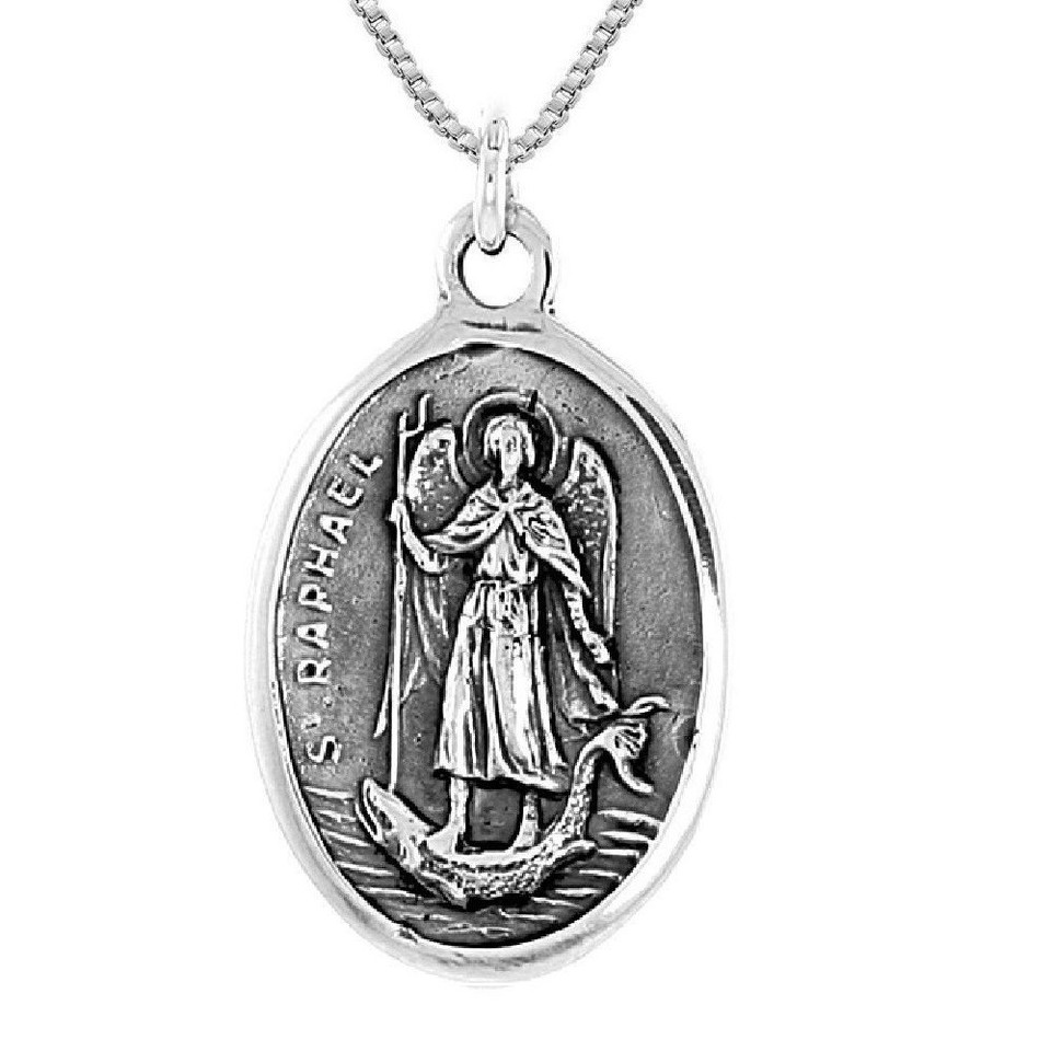 Sterling Silver St. Raphael Medal Pendant / Charm, Italian Box Chain | eBay