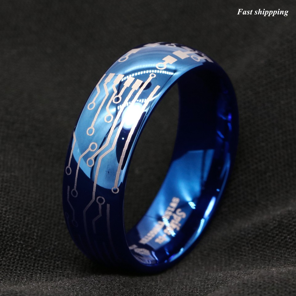 8mm Shiny Blue Dome Tungsten Carbide Ring Laser Circuit Board ATOP Men ...