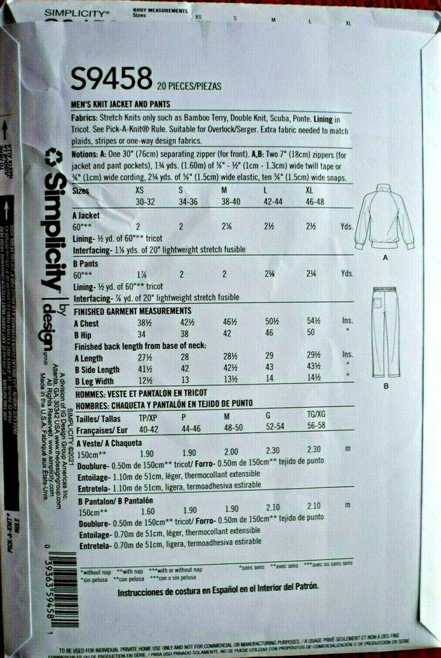 SIMPLICITY PATTERN 9458 JACKET PANTS MENS SIZES XS SM MED LG XLG UNCUT ...