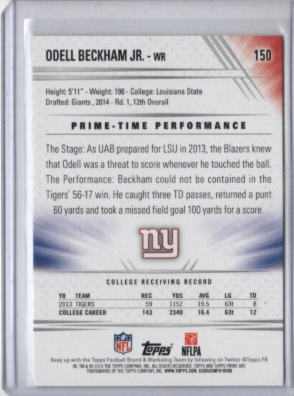 2014 Topps Prime ODELL BECKHAM JR. RC Rookie Card #150 Giants Browns ...
