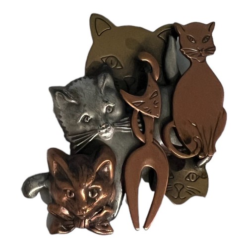 Vintage K&T Cat Brooch Pin Tri Color 6 Multi Different Cats Funky Retro ...