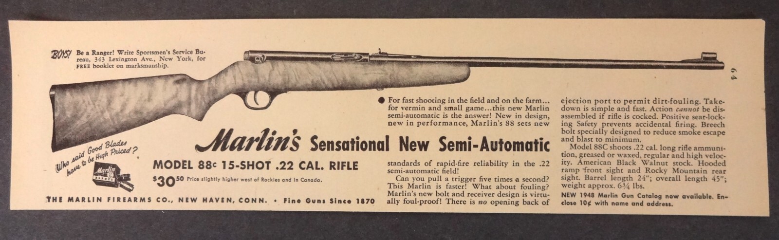 1948 Vintage Ad Marlin Firearms Model 88c 15-shot .22 Cal. Rifle Semi ...