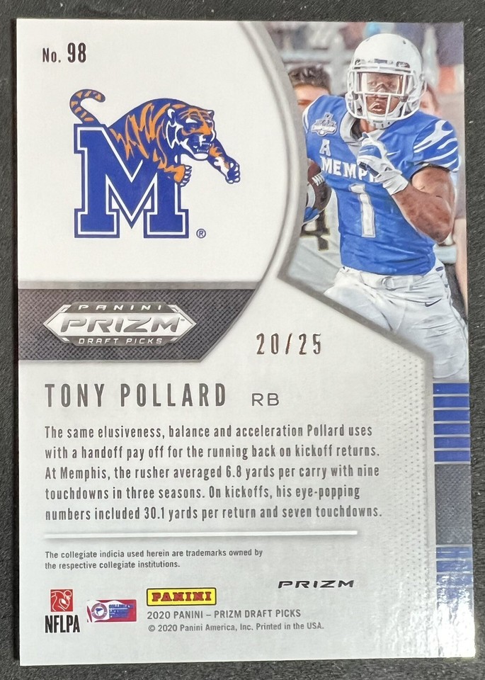 2019 Panini Prizm #98 Tony Pollard #20/25 Jersey Match Titans Rookie RC ...