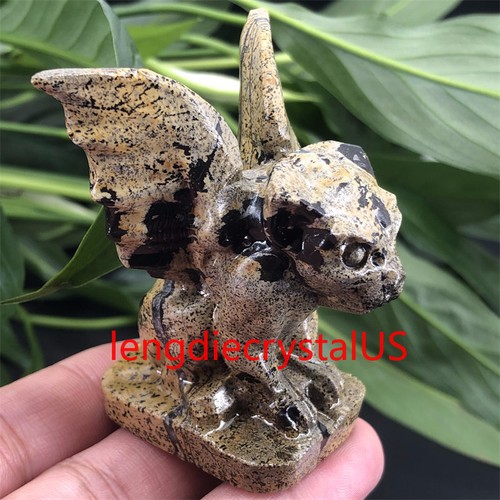 1xNatural Picture Stone Gargoyle skull Quartz Crystal Hand-carved Reiki ...