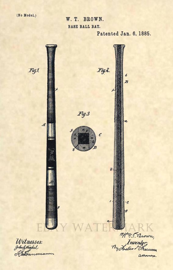 Official VERY EARLY Baseball Bat Patent Art Print - 1885 Antique ...