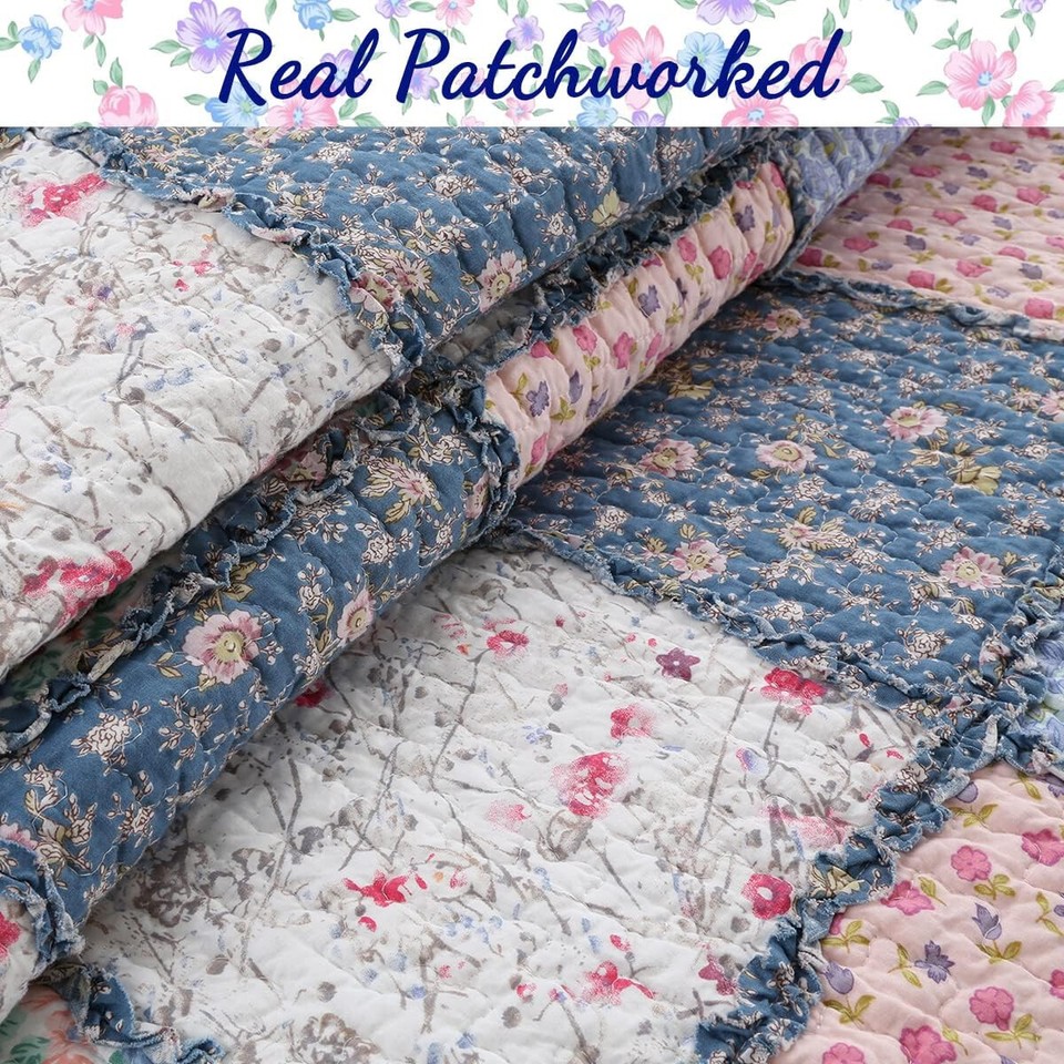 COZY BLUE PATCH RUFFLED RAG 3p Queen QUILT SET : COTTAGE COTTON MRAZ ...