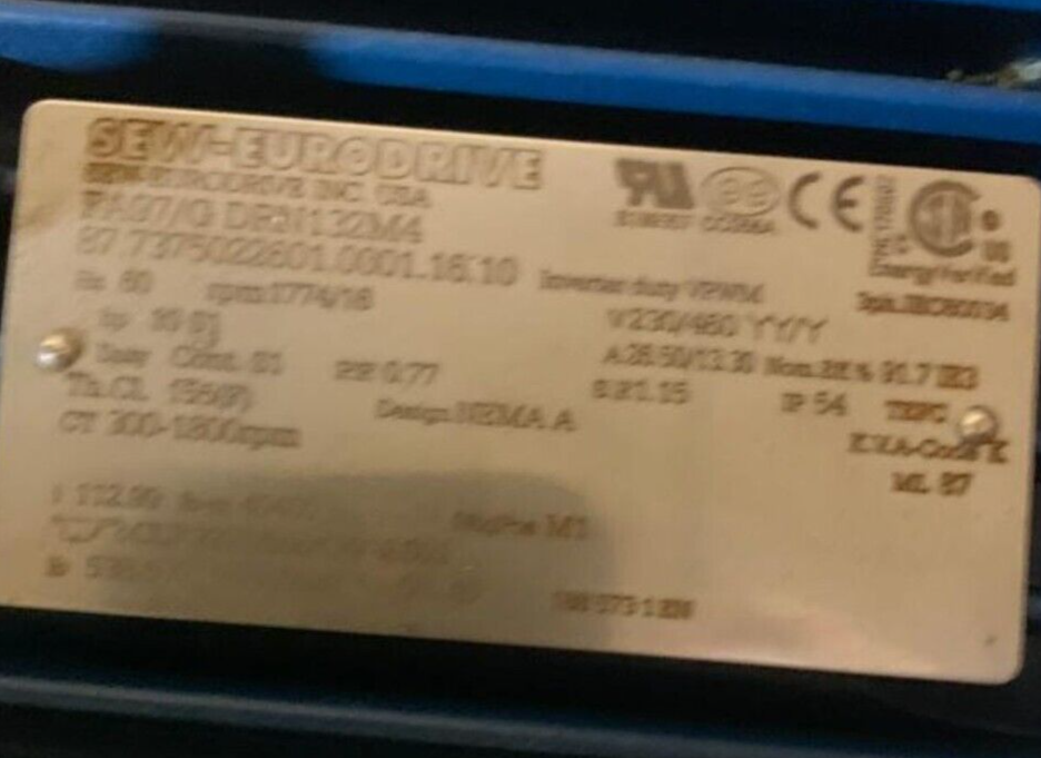Sew Eurodrive GEAR MOTOR FA97/G DRM132M4 10 HP 230 / 460 VOLT 1774 / 16 ...