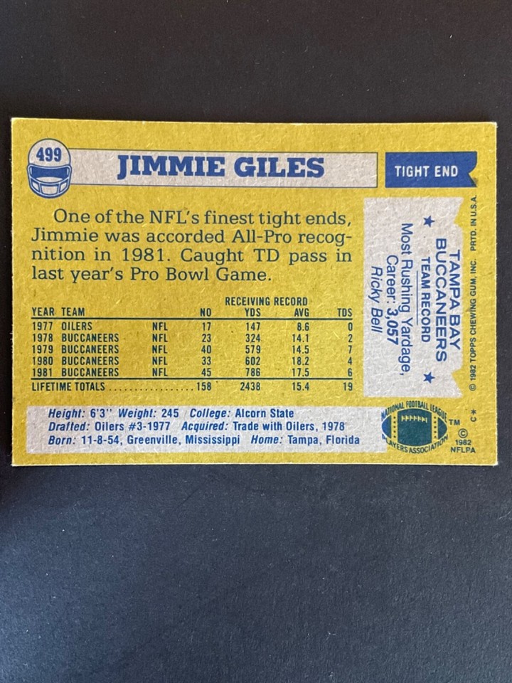 Jimmie Giles 1982 Topps Football Card #499 - Tampa Bay Buccaneers All ...