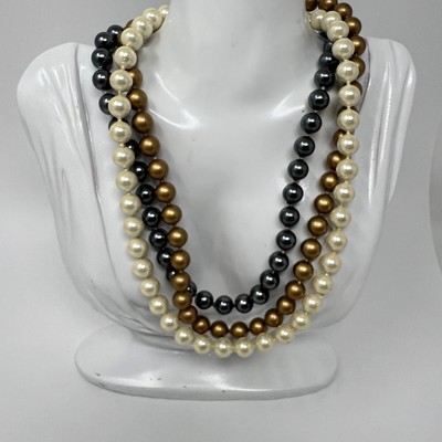 Vintage Tri Color Faux Pearl Necklace Black White Gold Tone Beads | eBay