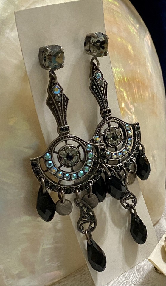 Diva Level Elegance Long Rhinestone Aurora Borealis And Blk Dangle Stud ...