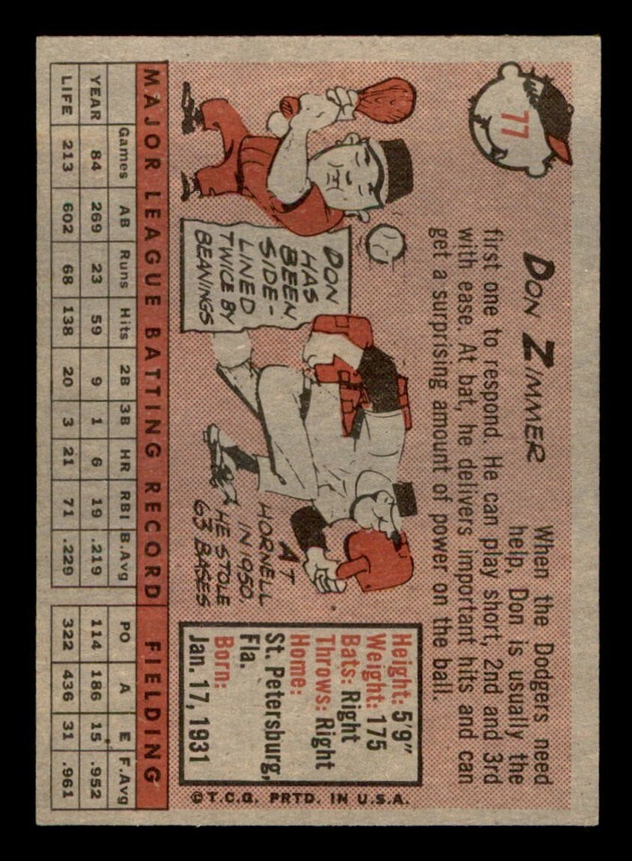 1958 Topps Baseball #77 Don Zimmer (Yellow Letters) NM *e1 | eBay