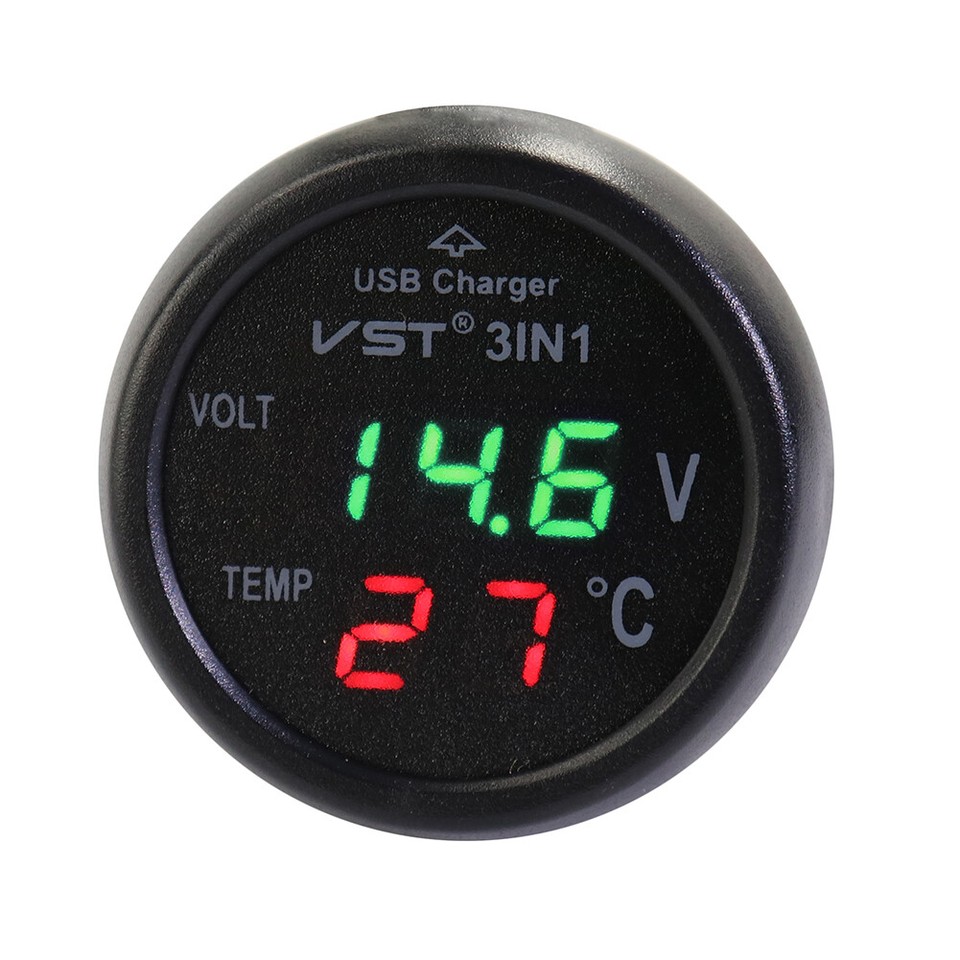 3 in 1 Digital LED Car Voltmeter Thermometer 12V/24V USB Car Charger ...