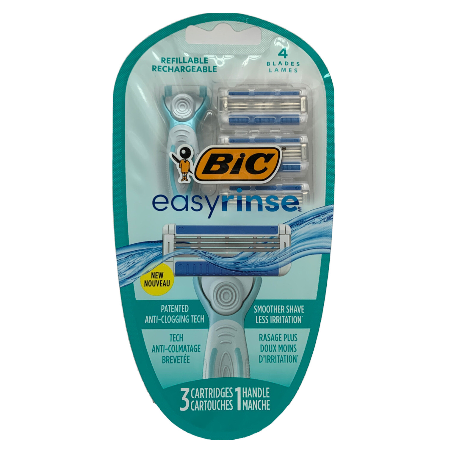Women’s Bic Easy Rinse Anti-Clog 4 Blade Razors 1 Handle 3 Refill Heads ...