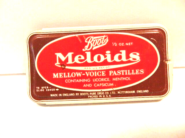 vintage Boot's Meloids (mellow-Voice Pastilles) pocket-size tin w/ old ...