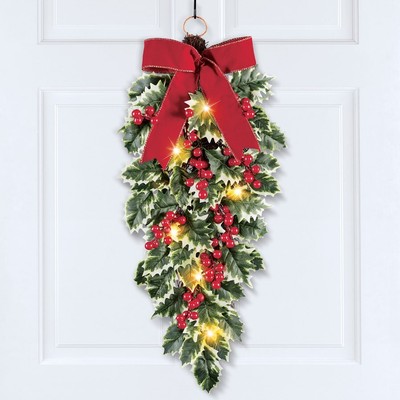 LED Lighted Christmas Festive Holly Swag Wreath w Berries Holiday Door ...
