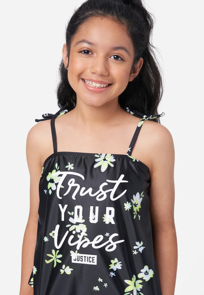 JUSTICE Girls Swimsuit Tankini Floral Black Bikini 12 14 2 Piece Set ...