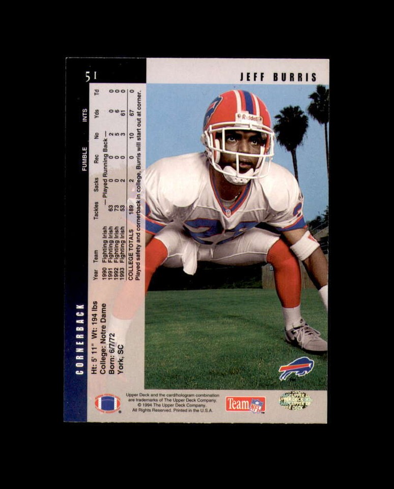 Jeff Burris Hand Signed 1994 Upper Deck Buffalo Bills Autograph | eBay