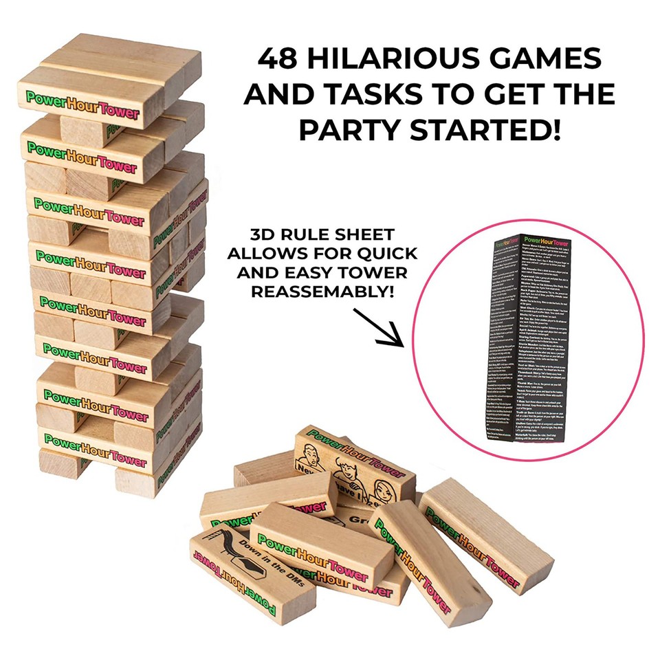 Power Hour Tower Party Game - Stacking Wooden Block for Adult Group Fun ...