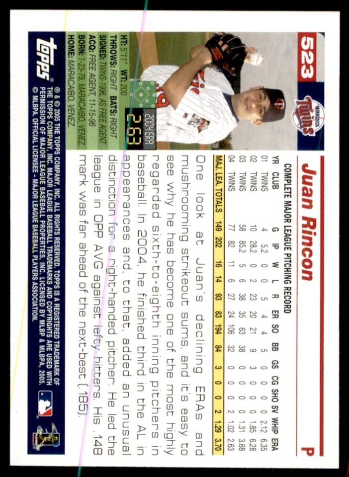 2005 TOPPS JUAN RINCON MINNESOTA TWINS #523 | eBay