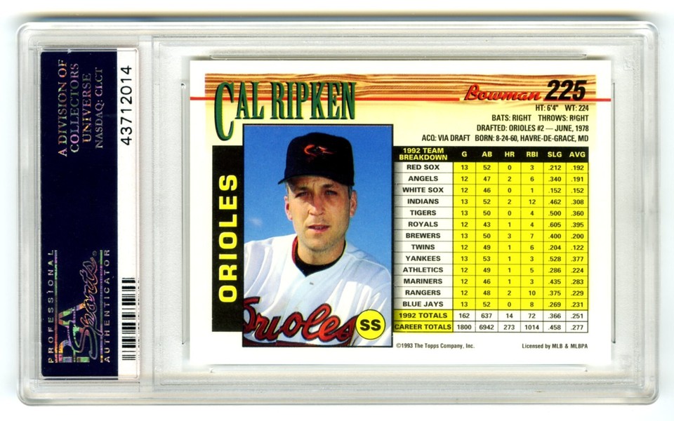 CAL RIPKEN JR. (POP 51) 1993 BOWMAN PSA-10 GEM-MT GRADED MLB BASEBALL ...